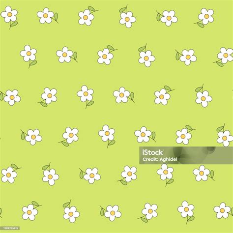 간단한 흰색과 노란색 꽃녹색 반복적 인 배경 플로럴 원한 패턴 벡터 그림입니다 베이비 패브릭 스와트 포장지 가정용 장식 직물을 위한 연속 디자인 템플릿 0명에 대한 스톡