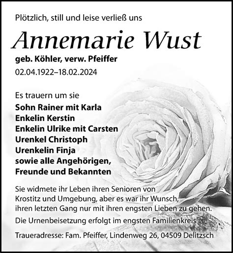 Traueranzeigen Von Annemarie Wust Trauer Anzeigende