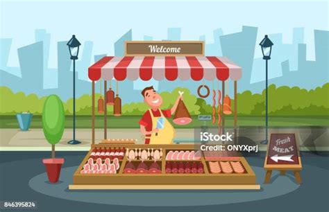 신선한 식품과 로컬 시장 장소입니다 만화 스타일에 벡터 일러스트 정육점에 대한 스톡 벡터 아트 및 기타 이미지 정육점