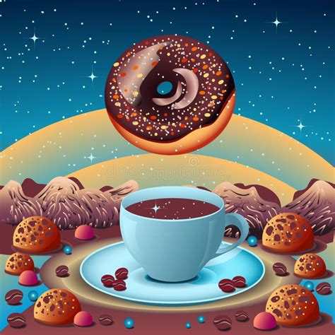 Realistic Chocolate Falling Donut And Cup Of Coffee On Background Of Space Sky Chocolate