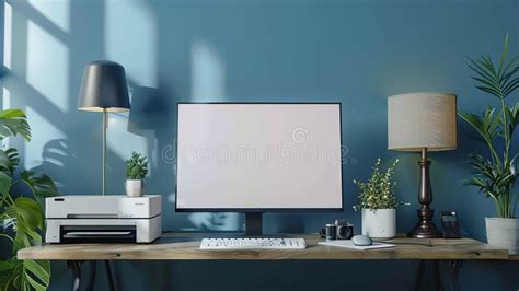 A Modern Home Office Workspace With A Computer Monitor Keyboard Mouse Printer Lamp Potted