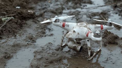 Small Reconnaissance Drone Crashed In Muddy Trench With Broken Camera