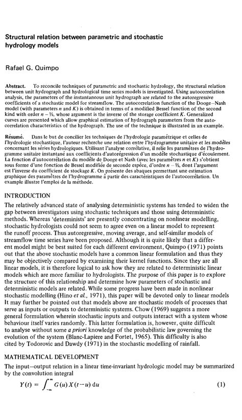Pdf Structural Relation Between Parametric And Stochastic Hydrology Models