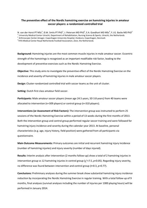 Pdf The Preventive Effect Of The Nordic Hamstring Exercise On Hamstring Injuries In Amateur