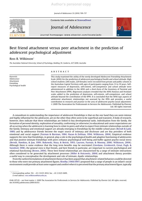 Pdf Best Friend Attachment Versus Peer Attachment In The Prediction