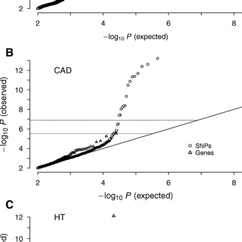 quantile quantile plots of independent snp and gene based scores for