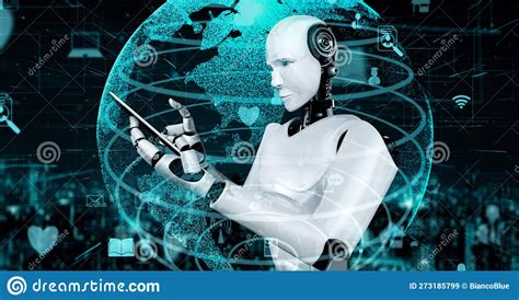 Internet Connection Controlled By Ai Robot Huminoid And Machine Learning Process Stock