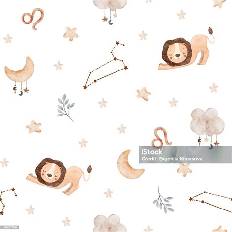 수채화 완벽 한 패턴 조디악 기호 사자자리 구름 별자리 별자리 기호 포스터 엽서 직물 포장 인쇄물에 대 한 별자리 0명에 대한 스톡 벡터 아트 및 기타 이미지 Istock