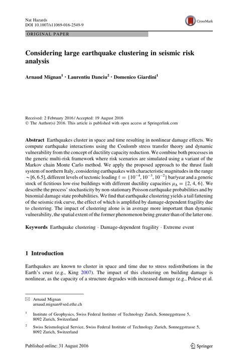 PDF Considering Large Earthquake Clustering In Seismic Risk Analysis