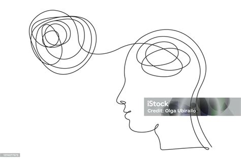 나쁜 정신 건강의 개념 한 줄 예술 스타일로 혼란스러운 감정과 생각을 가진 인간의 머리 연속 드로잉 그림 배너 브로셔 포스터 프레젠테이션을 위한 추상선형 벡터 라인아트에