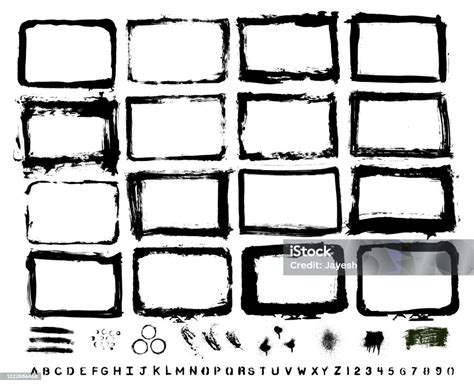디자이너 필수품 페인팅 된 테두리 페인트 스플래시 핸드 스텐실 드 레터 디자이너 세트 컬렉션 키트 무드보드에 대한 스톡 벡터 아트 및 기타 이미지 Istock