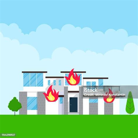 창에서 화재 불길과 집 평면 스타일 디자인 벡터 일러스트 레이 션을 굽기 화재 보험 개념 사고 가연성에 대한 스톡 벡터 아트 및 기타 이미지 Istock