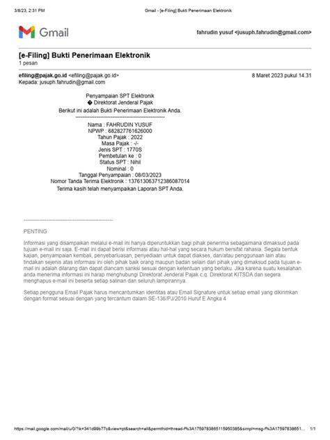 Gmail E Filing Bukti Penerimaan Elektronik Pak Yusuf 2022 Pdf