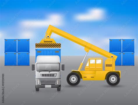 Vector Of Reach Stacker To Lifting Handler Handling Or Load Cargo Container At Port Terminal