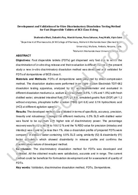 pdf development and validation of in vitro discriminatory dissolution