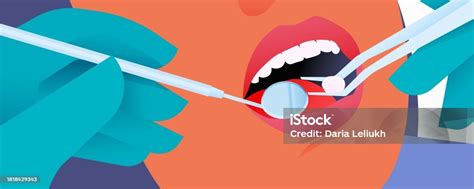 아름 다운 하얀 치아 입을 벌리고 자른 여성 얼굴 손잡이가 있는 입 거울과 면이 있는 치과 핀셋을 들고 있는 자른 손 장갑 현대 평면 벡터 일러스트 레이 션입니다 거울에