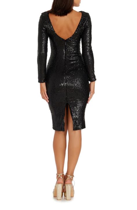 Dress The Population Emery Long Sleeve Sequin Cocktail Midi Dress