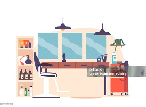 이발소 의자 책상 거울 화장품 및 면도 이발 및 문신을위한 도구 또는 장비가있는 살롱 인테리어 헤어 스타일리스트에 대한 스톡 벡터 아트 및 기타 이미지 Istock