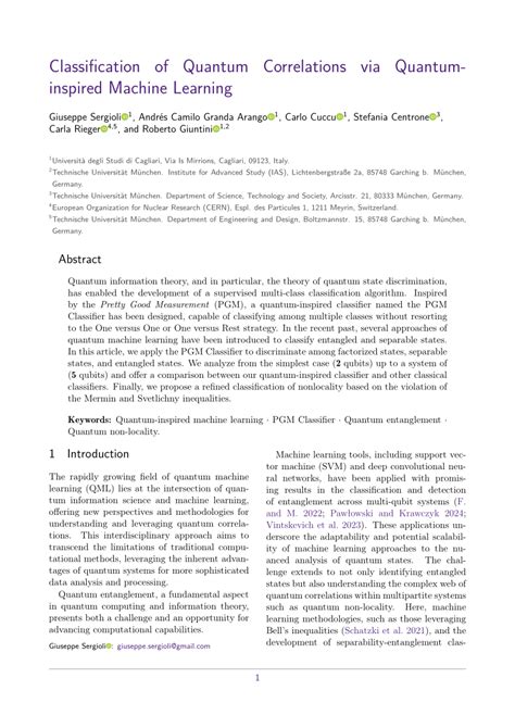 Pdf Classification Of Quantum Correlations Via Quantum Inspired Machine Learning