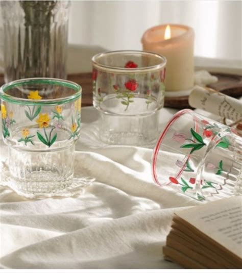 빈티지 레트로 플라워 유리컵 아이스커피 아인슈페너 아이스라떼 플랫화이트 빈티지 커피잔 아이스 커피