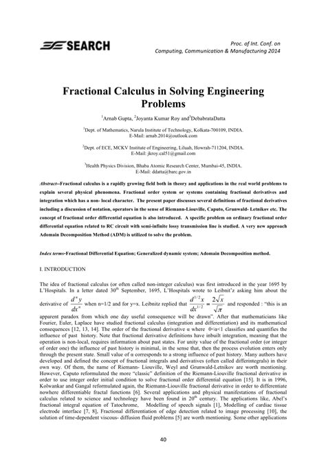 Pdf Fractional Calculus In Solving Engineering Problems