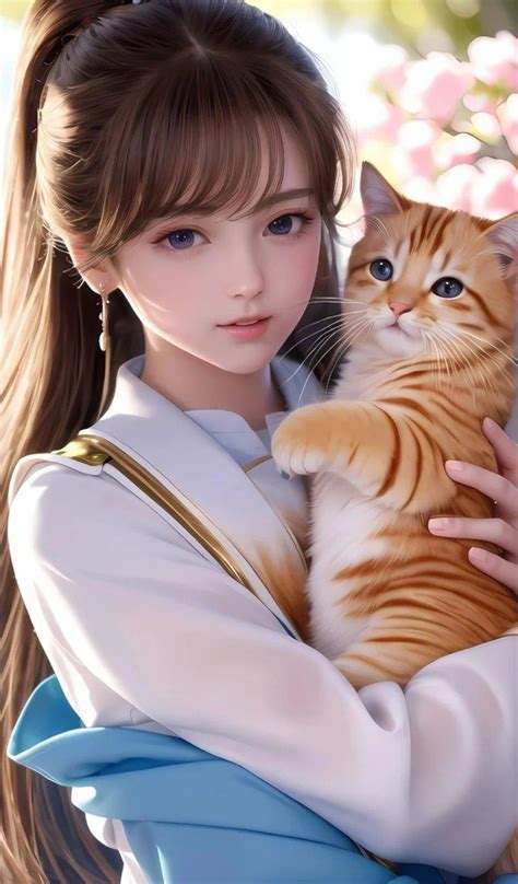 A Woman Holding A Cat In Her Arms And Wearing A Blue Dress With Long Hair