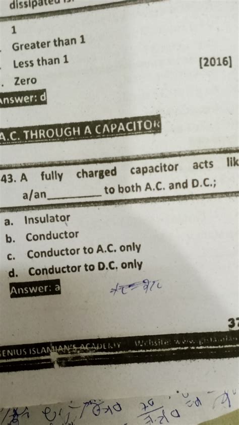 A Fully Charged Capacitor Acts Like Aan To Both Ac And Dc A Ins