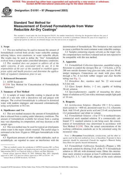 ASTM D6191 97 2003 Standard Test Method For Measurement Of Evolved Formaldehyde From Water
