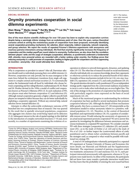 Pdf Onymity Promotes Cooperation In Social Dilemma Experiments