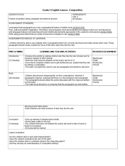 Grade 3 English Lesson Composition Pdf