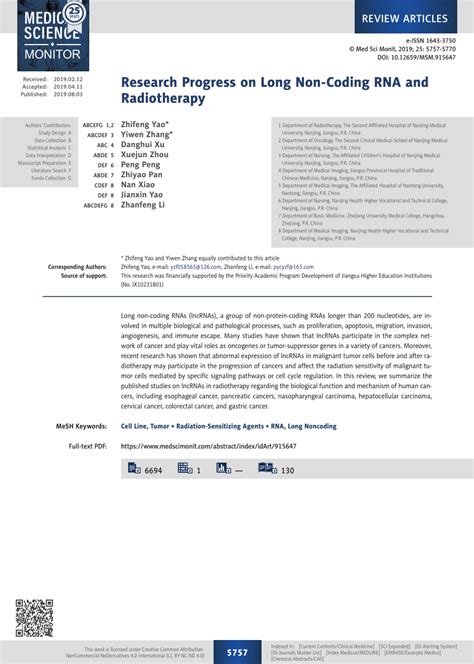 Pdf Research Progress On Long Non Coding Rna And Radiotherapy