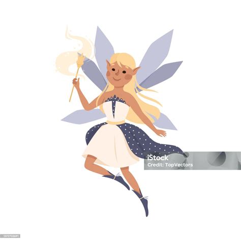 귀여운 소녀 요정 비행 와 날개 들고 마법 지팡이 벡터 일러스트 레이션 동화 개념에서 환상적인 생물로 주위에 호버 링 예쁜 드레스의 작은 픽시 0명에 대한 스톡 벡터 아트