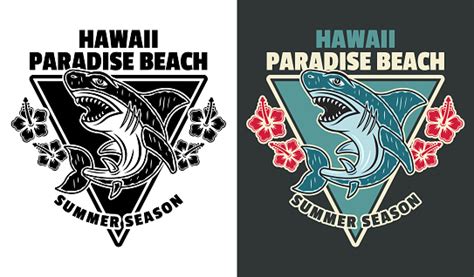 하와이 파라다이스 비치 벡터 빈티지 엠블럼 레이블 배지 또는 상어 로고 흰색에 검은색과 어두운 배경에 화려한 두 가지 스타일의 그림 계절에 대한 스톡 벡터 아트 및 기타