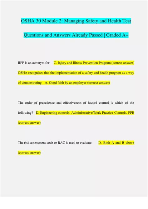 Osha 30 Module 2 Managing Safety And Health Test Questions And Answers Already Passed Graded