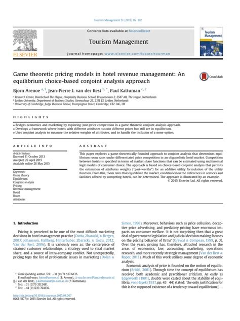 Journal Game Theoretic Pricing Models In Hotel Revenue Management An