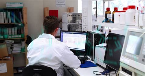 Image Of Chemical Formulas And Data Processing Over Back Of Caucasian