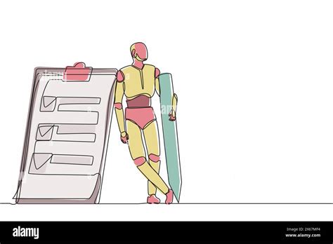 Single Continuous Line Drawing Robots Holding Big Pencil And Lean On