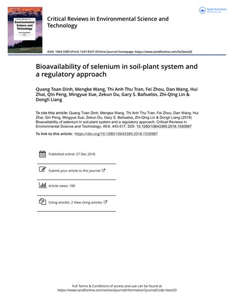 PDF Bioavailability Of Selenium In Soil Plant System And A Regulatory Approach