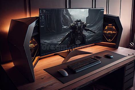 A Sleek Modern Desk With A Large Monitor And Keyboard For Gaming Stock