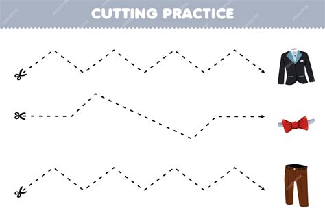 귀여운 만화 정장 넥타이와 바지 사진 인쇄 가능한 웨어러블 워크시트로 어린이 절단 연습을 위한 교육 게임 프리미엄 벡터