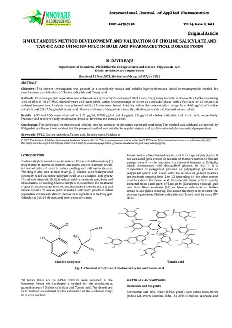 Pdf Simultaneous Method Development And Validation Of Choline Salicylate And Tannic Acid Using