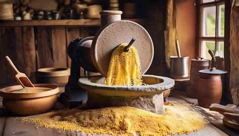 Traditional Corn Grinding Using A Stone Mill With Corn Kernels Being
