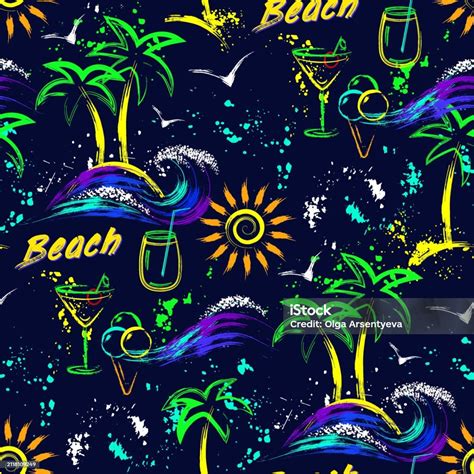 여름 휴가 완벽 한 패턴 열 대 섬 태양 아이콘 바다 파도 칵테일 잔 아이스크림 페인트 붓놀림 흩뿌려진 페인트 밝게 빛나는 네온 색상 윤곽선 윤곽선 그림 열대 칵테일에 대한