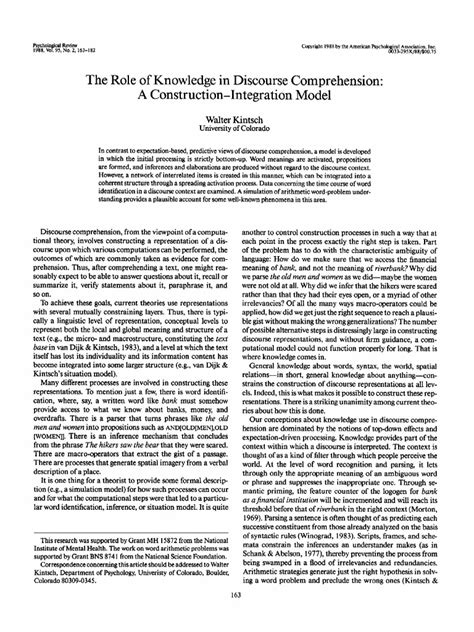 Kintsch 1988 The Role Of Knowledge In Discourse Comprehension Pdf