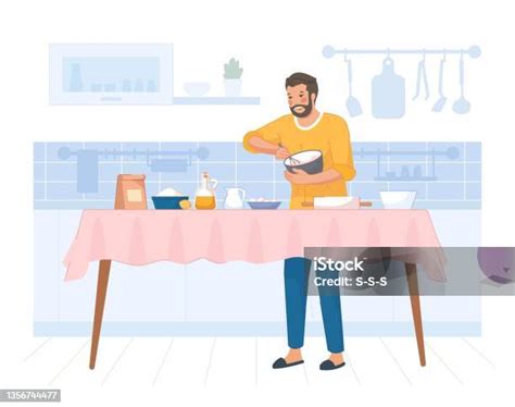 남자는 반죽을 휘저으세요 주방에서 요리사 요리 빵집 남편 앞치마 혼합 밀가루 계란 집에서 만든 케이크 과자 쿠키 패스트리 아침 식사 플랫 호화로운 벡터를 준비하는 아버지