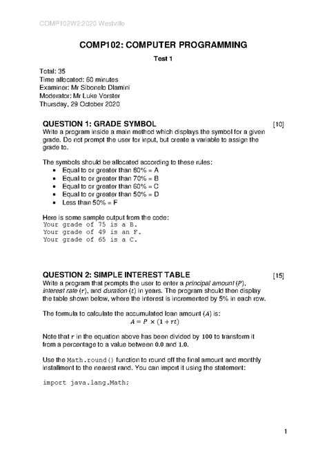 Test 1 2020 Comp102w22020 Westville 1 Comp102 Computer Programming