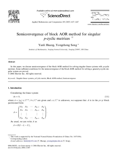 Pdf Semiconvergence Of Block Aor Method For Singular P Cyclic Matrices