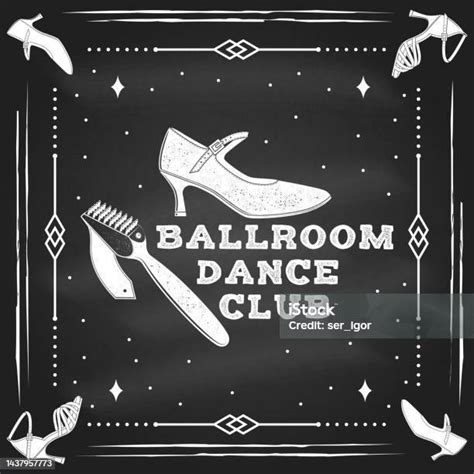 볼룸 댄스 스포츠 클럽 로고 칠판에 배지 디자인 셔츠 또는 로고 인쇄 스탬프 또는 티에 대한 개념입니다 댄스 스포츠 스티커 신발 브러시 볼룸 댄스 실루엣 신발 벡터