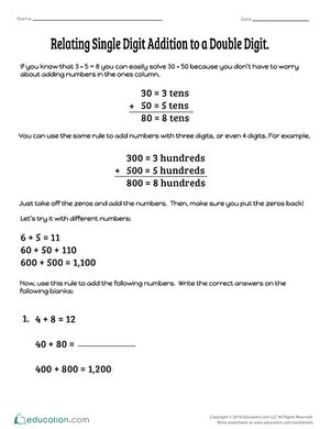 Relating Single Digit Addition To A Double Digit Worksheet Education Com