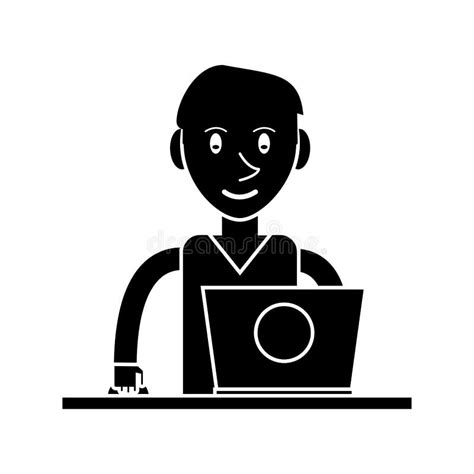 Silhouette Young Man Using Laptop On Desk Stock Vector Illustration